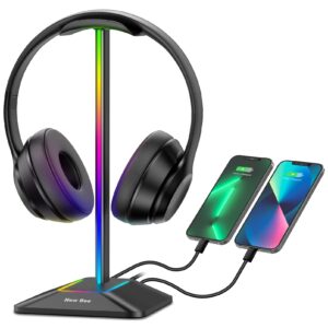 new bee rgb headphone stand with 1 usb-c charging port and 1 usb charging port, desk gaming headset stand with 7 light modes for all earphone accessories (black)