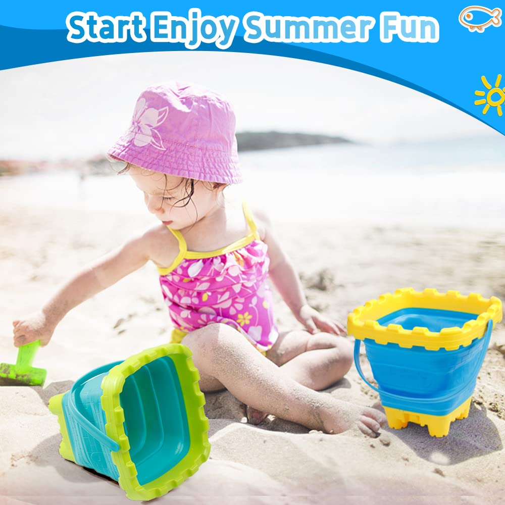 Castle Foldable Beach Sand Buckets Toy Set, 2L Silicone Collapsible Pails, Large Multi Functions Sandbox Kit Camping Traveling Gear, Beach Buckets Essential for Vacation Kids Adults 2 Pack