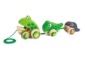 hape pull along frog family with anti-rollover wheels, toddler push and pull toys