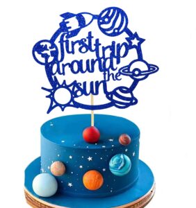 changcao first trip around the sun cake topper happy birthday toppers for outer space theme party decorations baby 1st birthday, one year old supplies rocket galaxy planet kids blue flash