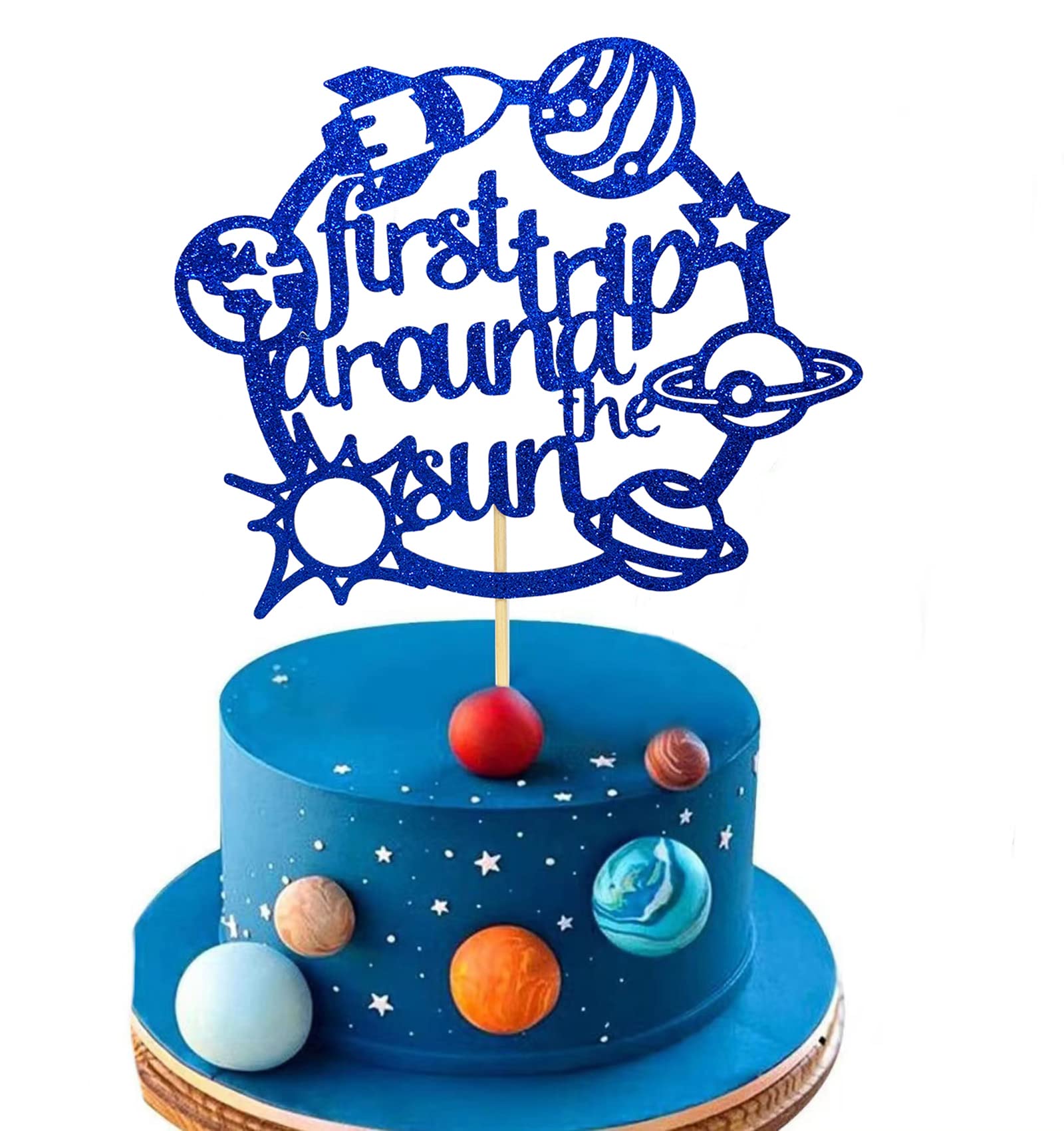 CHANGCAO First Trip Around The Sun Cake Topper Happy Birthday Toppers for Outer Space Theme Party Decorations Baby 1st Birthday, One Year Old Supplies Rocket Galaxy Planet Kids blue flash