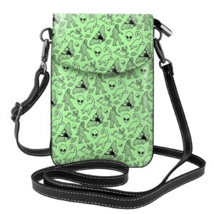 crossbody cell phone purse aliens bigfoot savage dinosaurs green, multipurpose soft pu leather wallet for mobile phone card passport storage, lightweight casual adjustable shoulder bag