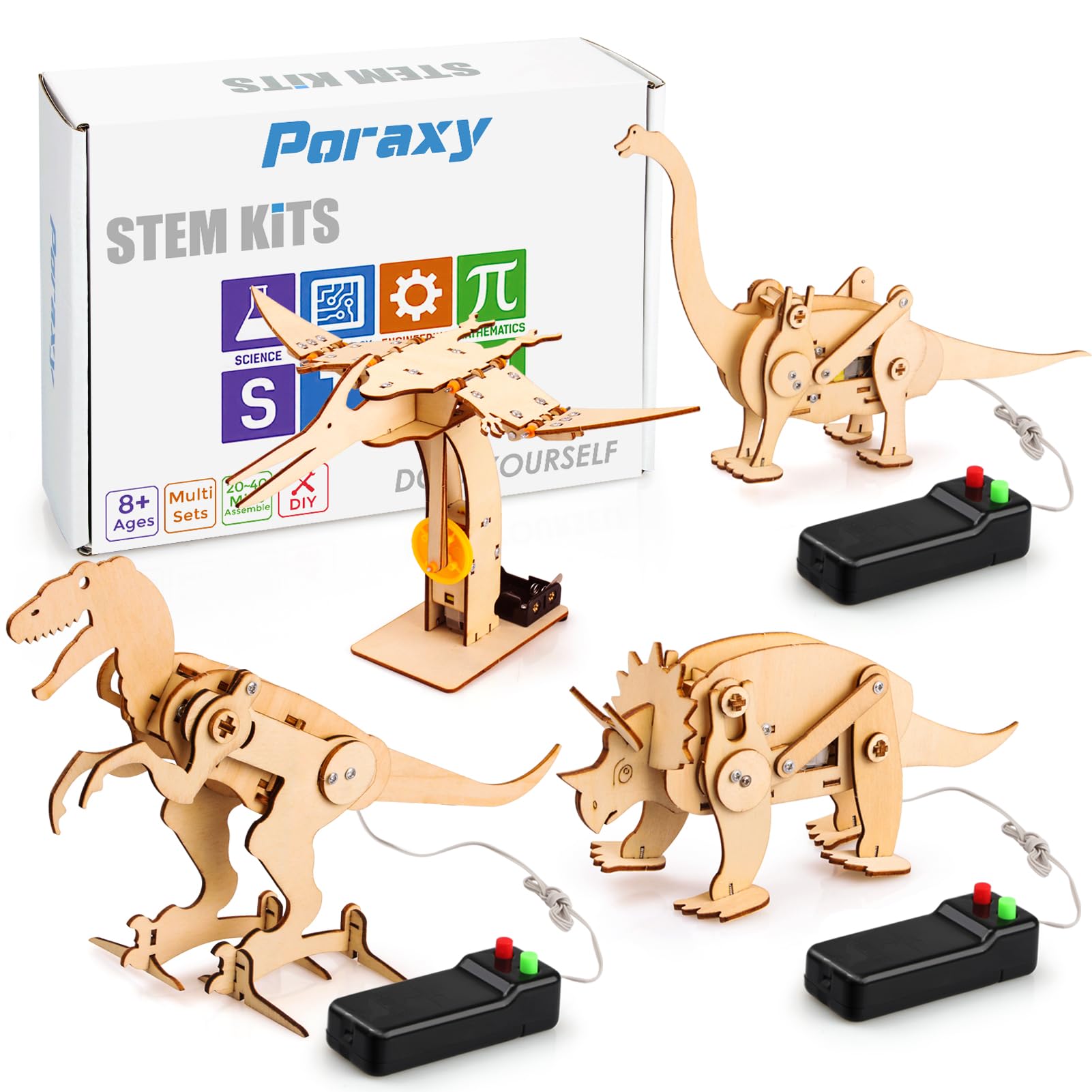 Poraxy 4 Pack Dinosaur Toys for Kids 8-12, STEM Kits, Toys for Ages 8-13, Wooden 3D Puzzle, Educational Science Building Projects Crafts, Birthday Gifts for Boys Girls 7 8 9 10 11 12 13 Years Old