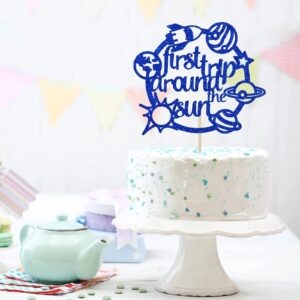 CHANGCAO First Trip Around The Sun Cake Topper Happy Birthday Toppers for Outer Space Theme Party Decorations Baby 1st Birthday, One Year Old Supplies Rocket Galaxy Planet Kids blue flash