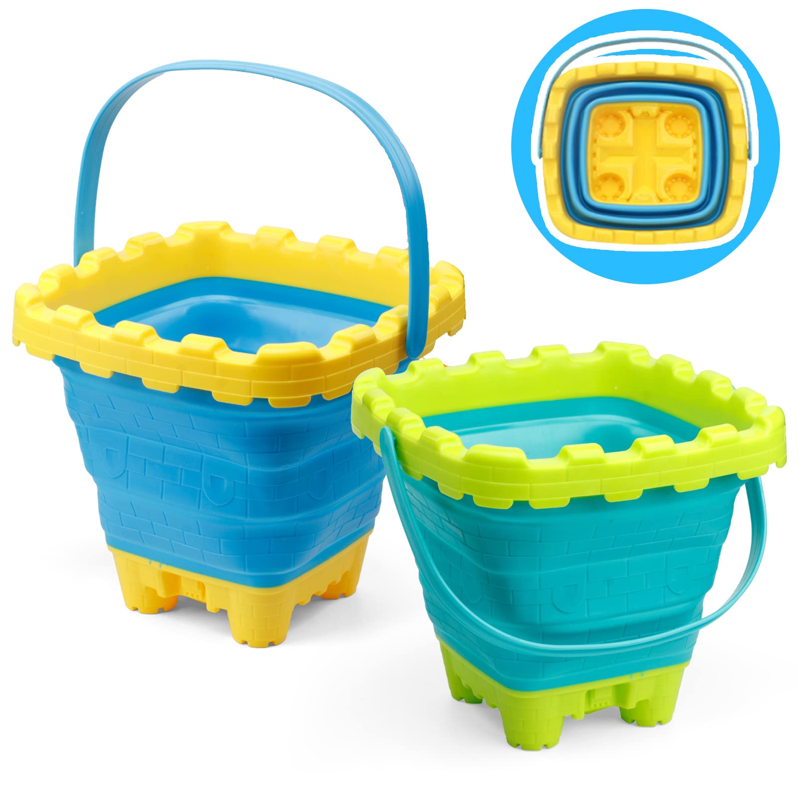 Castle Foldable Beach Sand Buckets Toy Set, 2L Silicone Collapsible Pails, Large Multi Functions Sandbox Kit Camping Traveling Gear, Beach Buckets Essential for Vacation Kids Adults 2 Pack