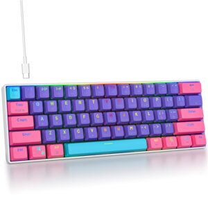 mosptnspg protable 60% percent gaming keyboard mechanical, mini compact rgb backlit 61 keys wired office keyboard with red switch for mac/win (purple/red switch)