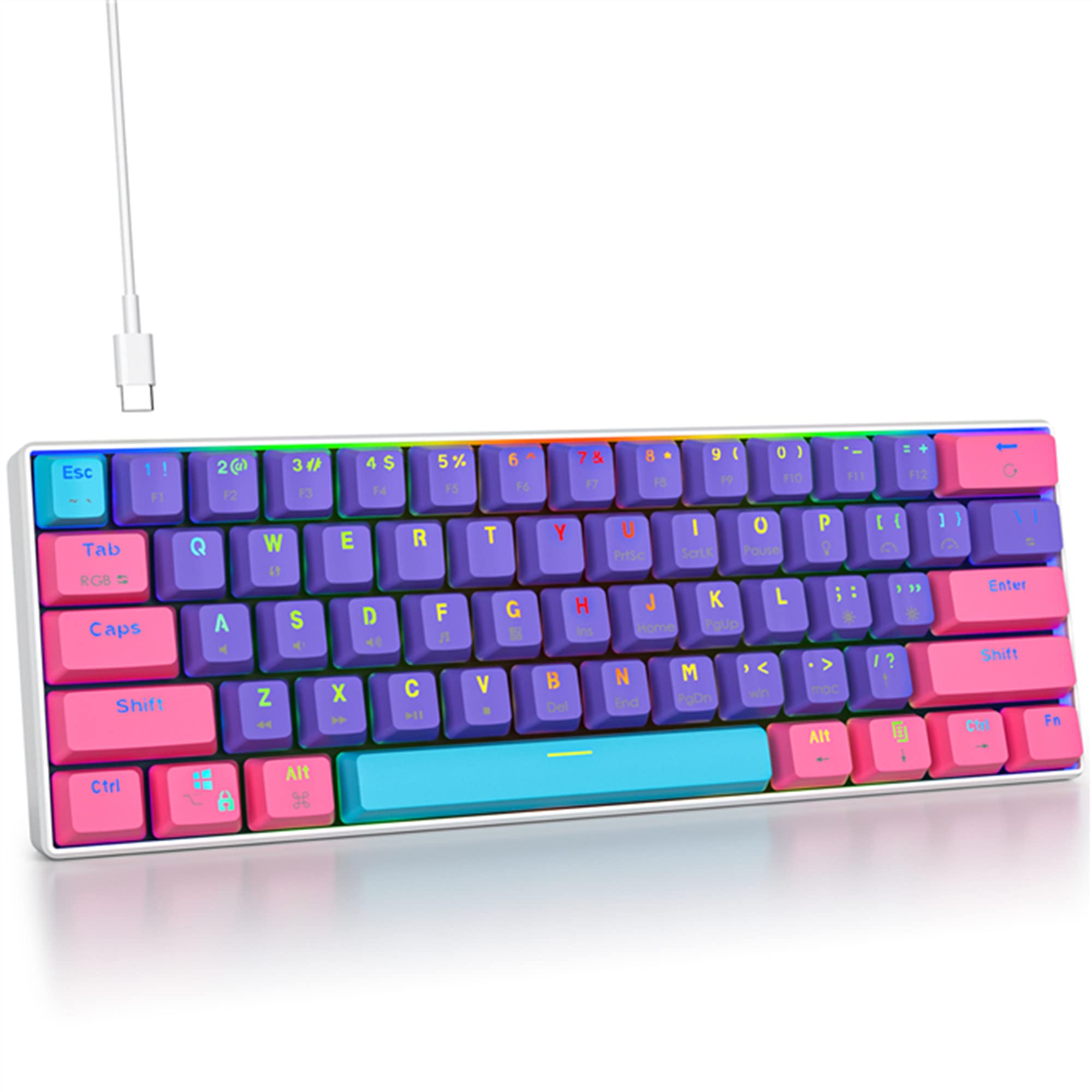 Mosptnspg Protable 60% Percent Gaming Keyboard Mechanical, Mini Compact RGB Backlit 61 Keys Wired Office Keyboard with red Switch for Mac/Win (Purple/red Switch)