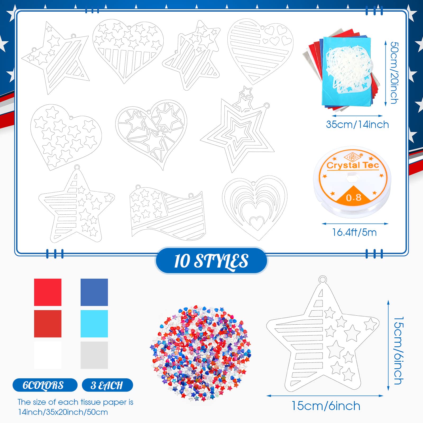 Junkin 20 Pcs Suncatcher Kit Independence Day Craft Kit 4th of July Suncatcher Kit Tissue Paper Patriotic Star Suncatcher Craft Window Art Kit with 18 Tissue Paper for DIY Patriotic Star Party Favor