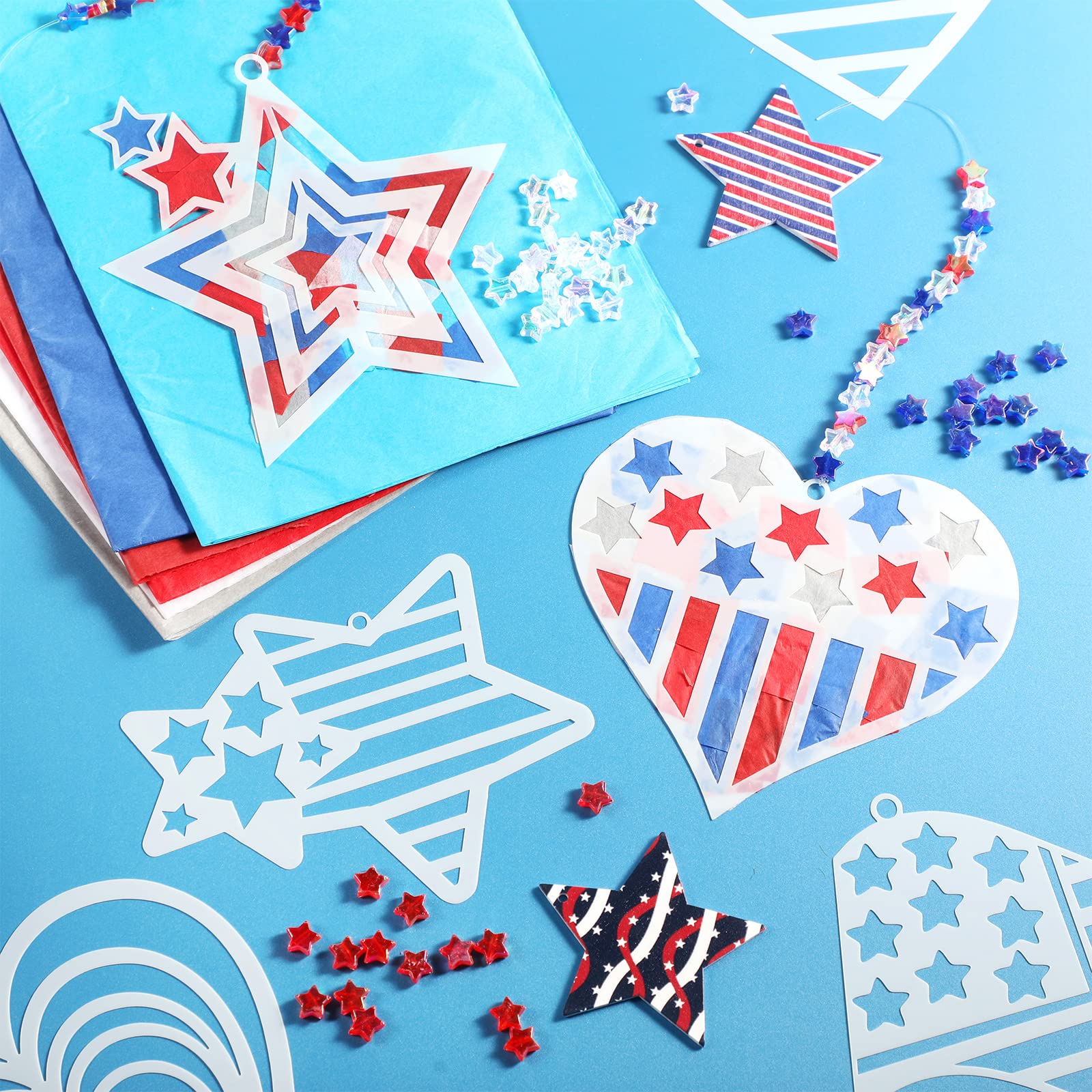 Junkin 20 Pcs Suncatcher Kit Independence Day Craft Kit 4th of July Suncatcher Kit Tissue Paper Patriotic Star Suncatcher Craft Window Art Kit with 18 Tissue Paper for DIY Patriotic Star Party Favor