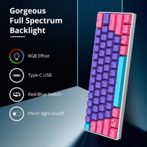 Mosptnspg Protable 60% Percent Gaming Keyboard Mechanical, Mini Compact RGB Backlit 61 Keys Wired Office Keyboard with red Switch for Mac/Win (Purple/red Switch)