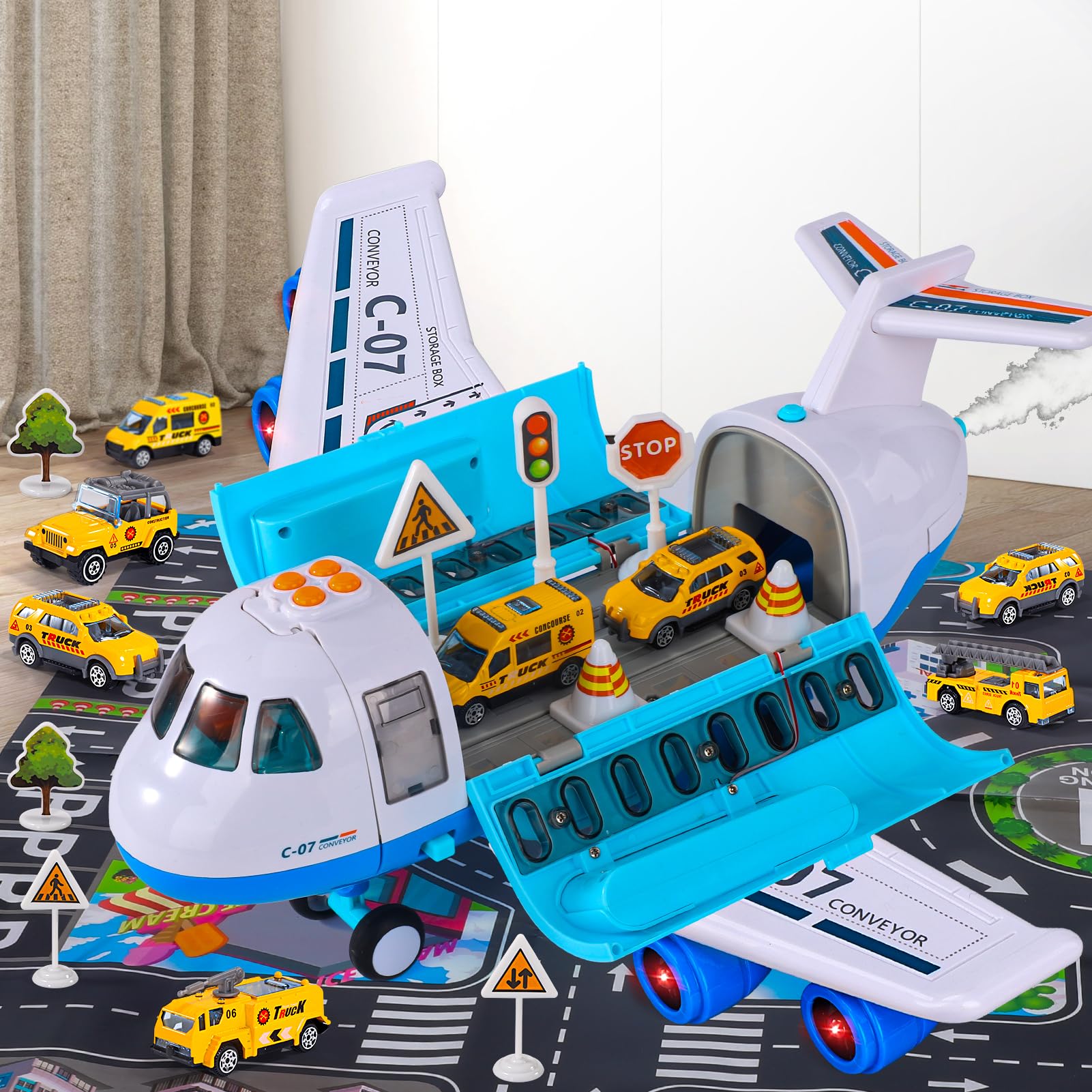 iHaHa Spray Airplane Toys for Boys Girls, Large Transport Cargo Airplane with 6 Construction Vehicle 10 Road Signs 1 Play Mat, Plane Toy with Lights Sounds for Boys Age 3 4 5 6