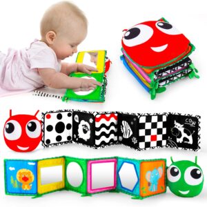 inbeby black and white high contrast sensory baby crib toys soft book, standable tummy time mirror toy for baby newborn 0 3 6+ months brain development infant boy girl 0 6 month multi-function