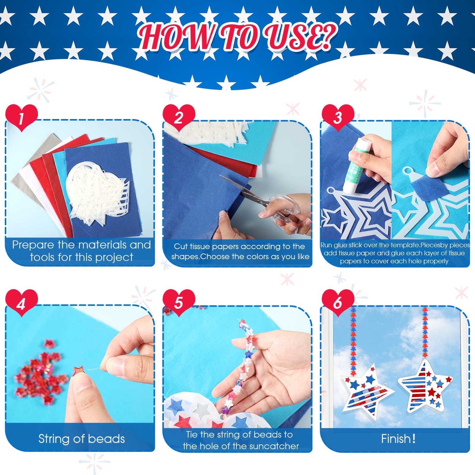 Junkin 20 Pcs Suncatcher Kit Independence Day Craft Kit 4th of July Suncatcher Kit Tissue Paper Patriotic Star Suncatcher Craft Window Art Kit with 18 Tissue Paper for DIY Patriotic Star Party Favor