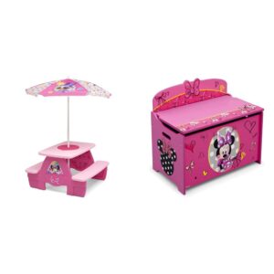 delta children 4 seat activity picnic table with umbrella and lego compatible tabletop, minnie mouse (32.5 in x 34.25 in x 53.5 in) deluxe toy box, disney minnie mouse