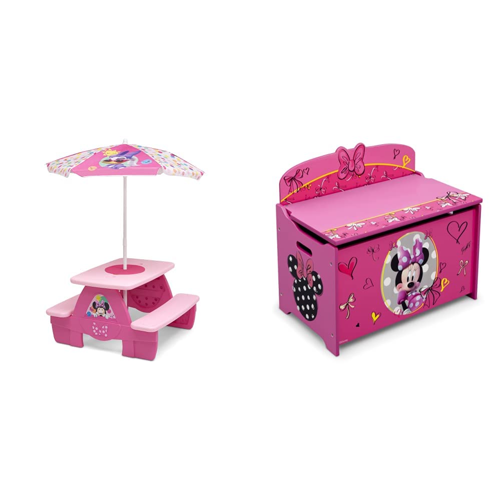 Delta Children 4 Seat Activity Picnic Table with Umbrella and Lego Compatible Tabletop, Minnie Mouse (32.5 in x 34.25 in x 53.5 in) Deluxe Toy Box, Disney Minnie Mouse