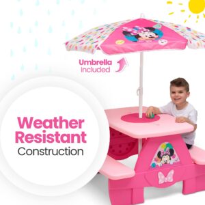 Delta Children 4 Seat Activity Picnic Table with Umbrella and Lego Compatible Tabletop, Minnie Mouse (32.5 in x 34.25 in x 53.5 in) Deluxe Toy Box, Disney Minnie Mouse