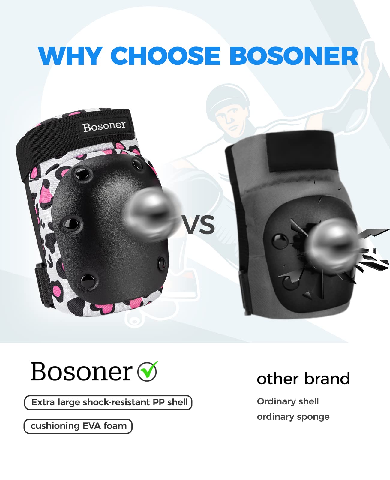 BOSONER Adult/Women/Kid Knee Pads Elbow pads Wrist Guard 6 in 1 Protective Gear Set for Skating Skate Skateboarding BMX Bicycle Inline Roller for Men Women Child Kids