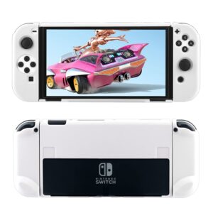 switch oled protective case, slim and comfortable switch oled hard case with joy con covers - white