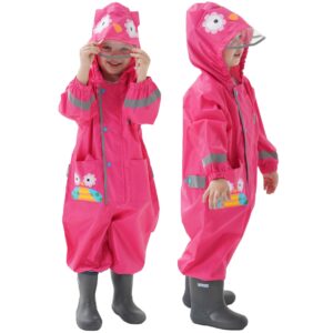 kids toddler rain suit for boys girls one piece hoodie zipper cute cartoon owl waterproof rain jacket 7-9 years xl size