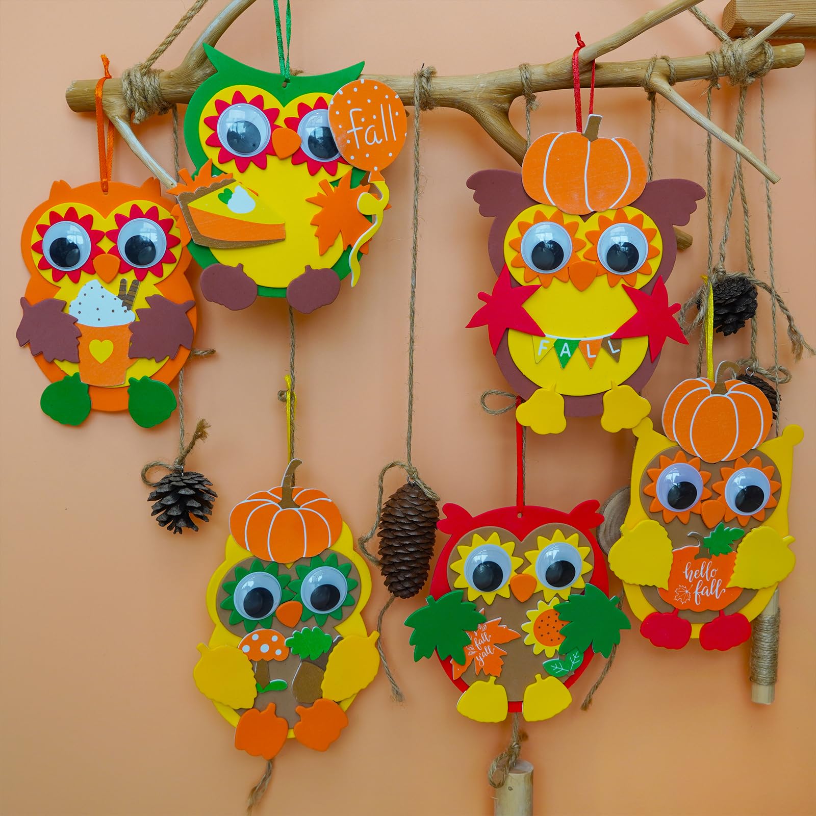 Winlyn 24 Sets Fall Craft Kits Thanksgiving Crafts DIY Fall Owl Ornaments Decoration Art Sets Autum Owl Maple Leaf Pumpkin Arts and Crafts Harvest Foam Stickers for Kids Halloween Classroom Activities