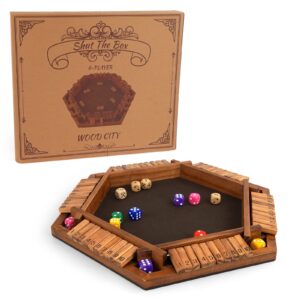 wood city shut the box game wooden for 6 players, close the box math game for kids adults with 16 dice, 6 way tabletop quick board game for family friends 3+ years old in classroom, party or pub