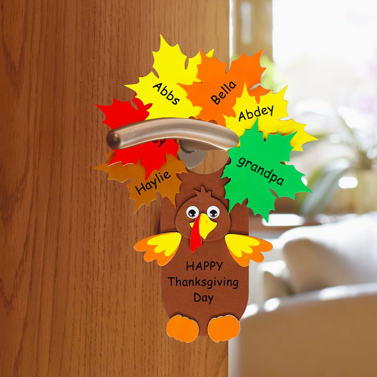 Winlyn 24 Sets Thanksgiving Turkey Doorknob Hanger Decorations Art Sets DIY Thanksgiving Craft Kits Fall Crafts Give Thanks Turkey Foam Stickers Arts and Crafts for Kids Party Classroom Activities