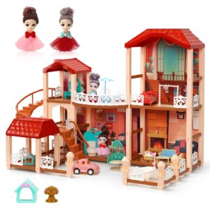 novsper doll house, girl toys dollhouse with 2 dolls, pet dog, car,light, furnitures and accessories, diy dollhouses dreamhouse kit kids toys gift for age 5 6 7 8+ year old(8 rooms and 2 balcony)