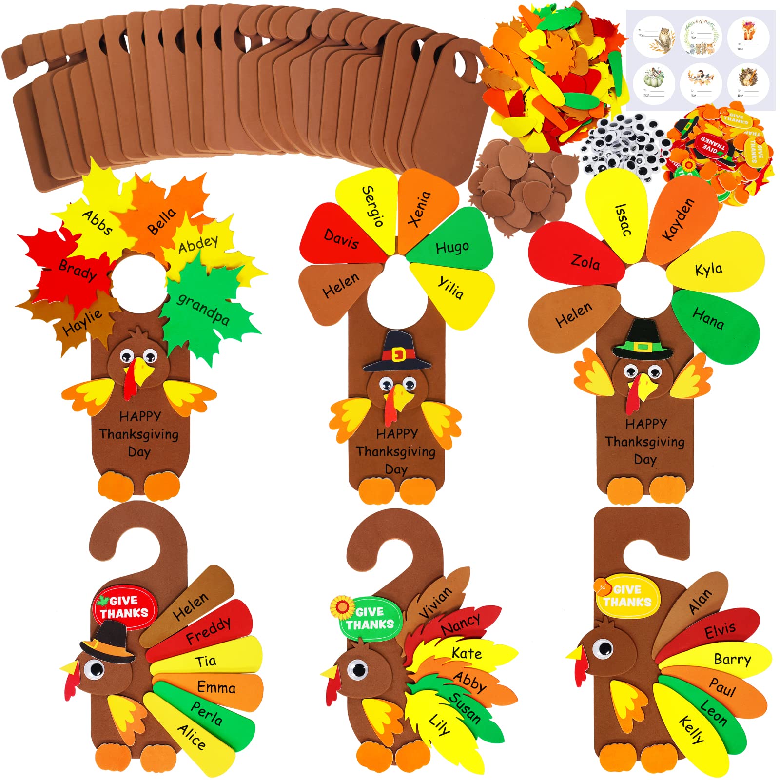 Winlyn 24 Sets Thanksgiving Turkey Doorknob Hanger Decorations Art Sets DIY Thanksgiving Craft Kits Fall Crafts Give Thanks Turkey Foam Stickers Arts and Crafts for Kids Party Classroom Activities