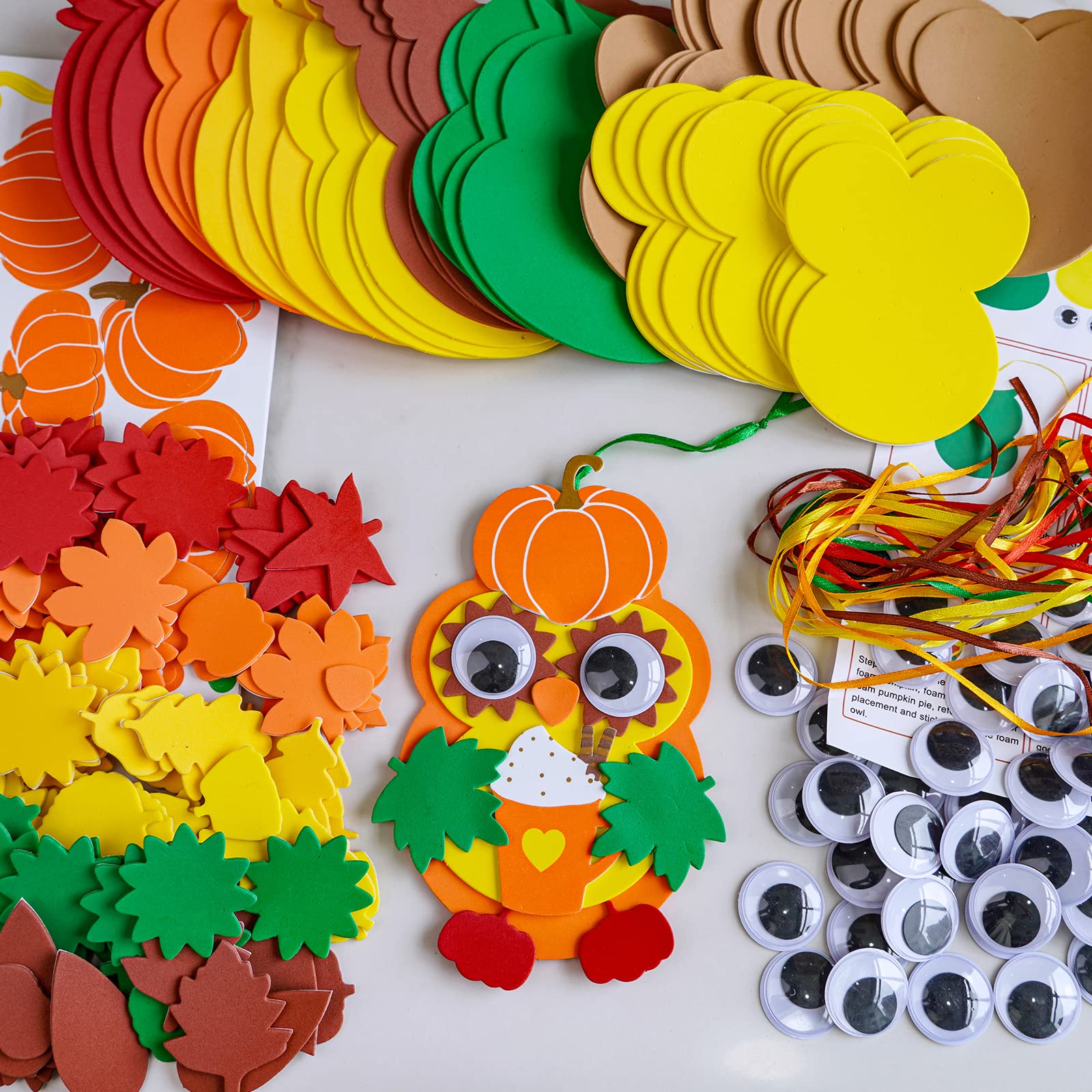 Winlyn 24 Sets Fall Craft Kits Thanksgiving Crafts DIY Fall Owl Ornaments Decoration Art Sets Autum Owl Maple Leaf Pumpkin Arts and Crafts Harvest Foam Stickers for Kids Halloween Classroom Activities