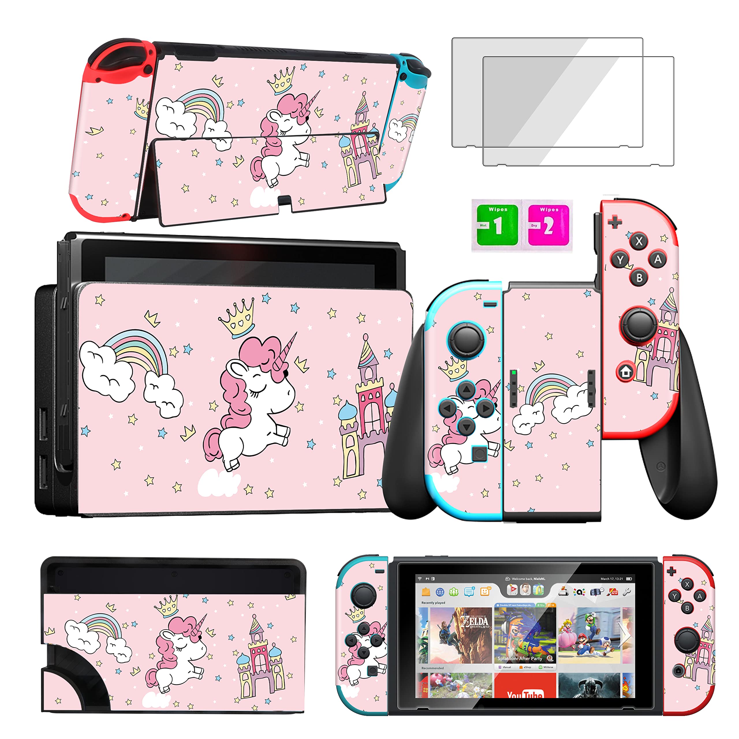 oqpa for Nintendo Switch OLED 2021 Skins Stickers for Girls Boys Kids Cute Kawaii Cartoon Character Design Fun Decals with Tempered Glass Screen Protector for Nintendo Switch OLED(Pk Lash)