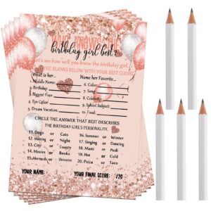 leinuosen who knows the birthday girl best card, 50 pcs birthday party game set girly pink rose gold sprinkles themed birthday cards with 10 pre pointed pencils for teen girls sweet sleepover party