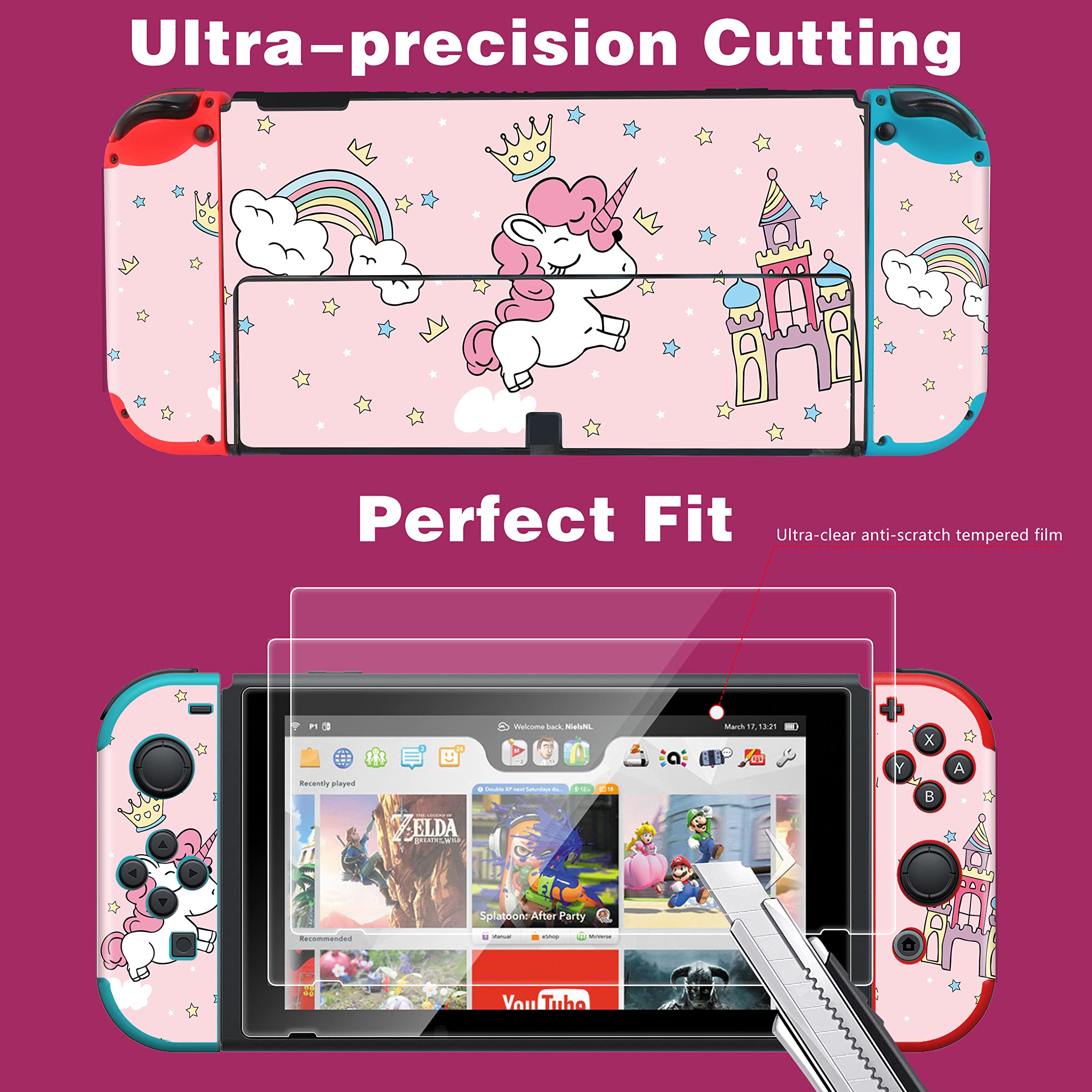 oqpa for Nintendo Switch OLED 2021 Skins Stickers for Girls Boys Kids Cute Kawaii Cartoon Character Design Fun Decals with Tempered Glass Screen Protector for Nintendo Switch OLED(Pk Lash)