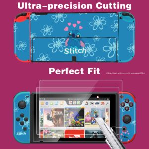 oqpa for Nintendo Switch OLED 2021 Skins Stickers for Girls Boys Kids Cute Kawaii Cartoon Character Fun Decals with Tempered Glass Screen Protector for Nintendo Switch OLED(Blue Heart Stitc)