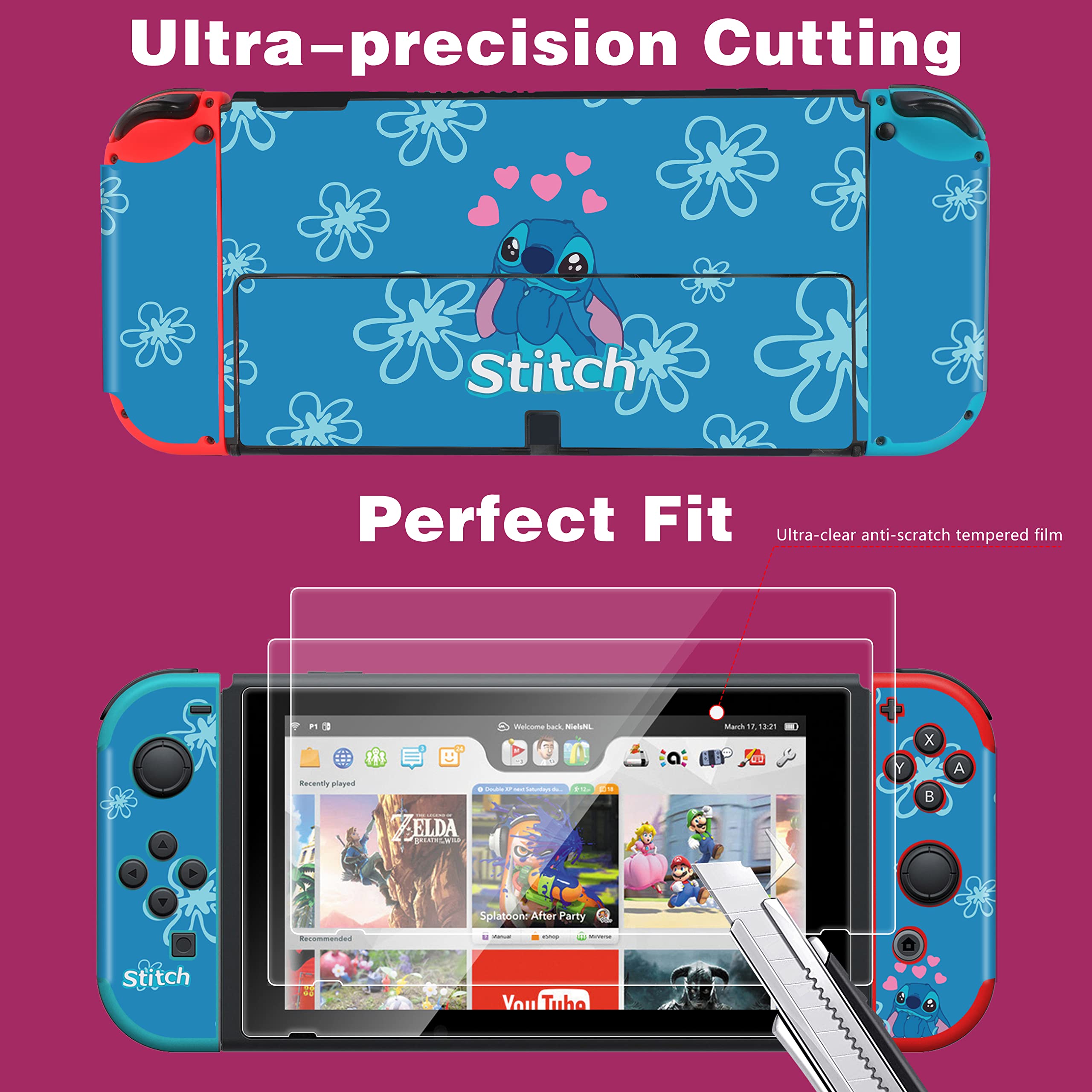 oqpa for Nintendo Switch OLED 2021 Skins Stickers for Girls Boys Kids Cute Kawaii Cartoon Character Fun Decals with Tempered Glass Screen Protector for Nintendo Switch OLED(Blue Heart Stitc)