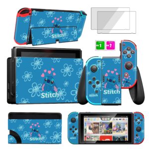 oqpa for nintendo switch oled 2021 skins stickers for girls boys kids cute kawaii cartoon character fun decals with tempered glass screen protector for nintendo switch oled(blue heart stitc)