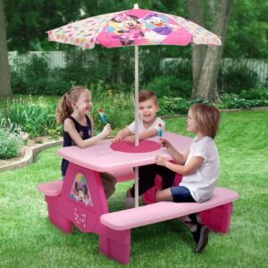 Delta Children 4 Seat Activity Picnic Table with Umbrella and Lego Compatible Tabletop, Minnie Mouse (32.5 in x 34.25 in x 53.5 in) Deluxe Toy Box, Disney Minnie Mouse