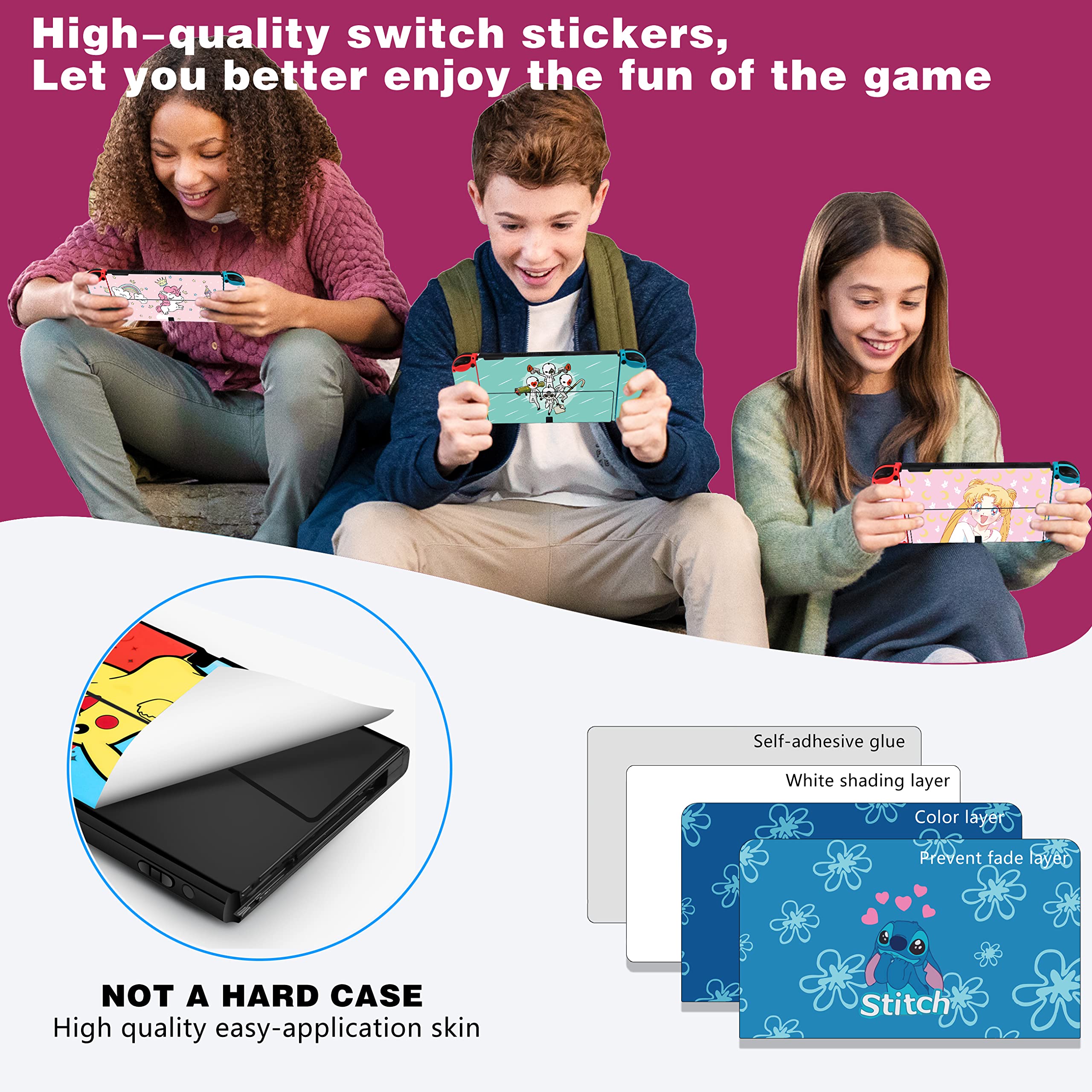 oqpa for Nintendo Switch OLED 2021 Skins Stickers for Girls Boys Kids Cute Kawaii Cartoon Character Fun Decals with Tempered Glass Screen Protector for Nintendo Switch OLED(Blue Heart Stitc)