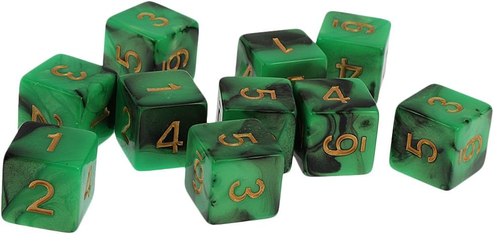 10pcs Six Sided Dual Colored D6 Dices For D&D Casino Poker Dice Guessing Games - Green & Black, 16mm