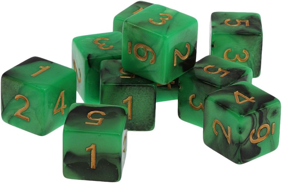 10pcs Six Sided Dual Colored D6 Dices For D&D Casino Poker Dice Guessing Games - Green & Black, 16mm