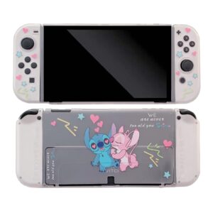 enfily cute stitch case compatible with nintendo switch oled, dockable case cover, ergonomic soft tpu grip case for joycon, sparkle skin set