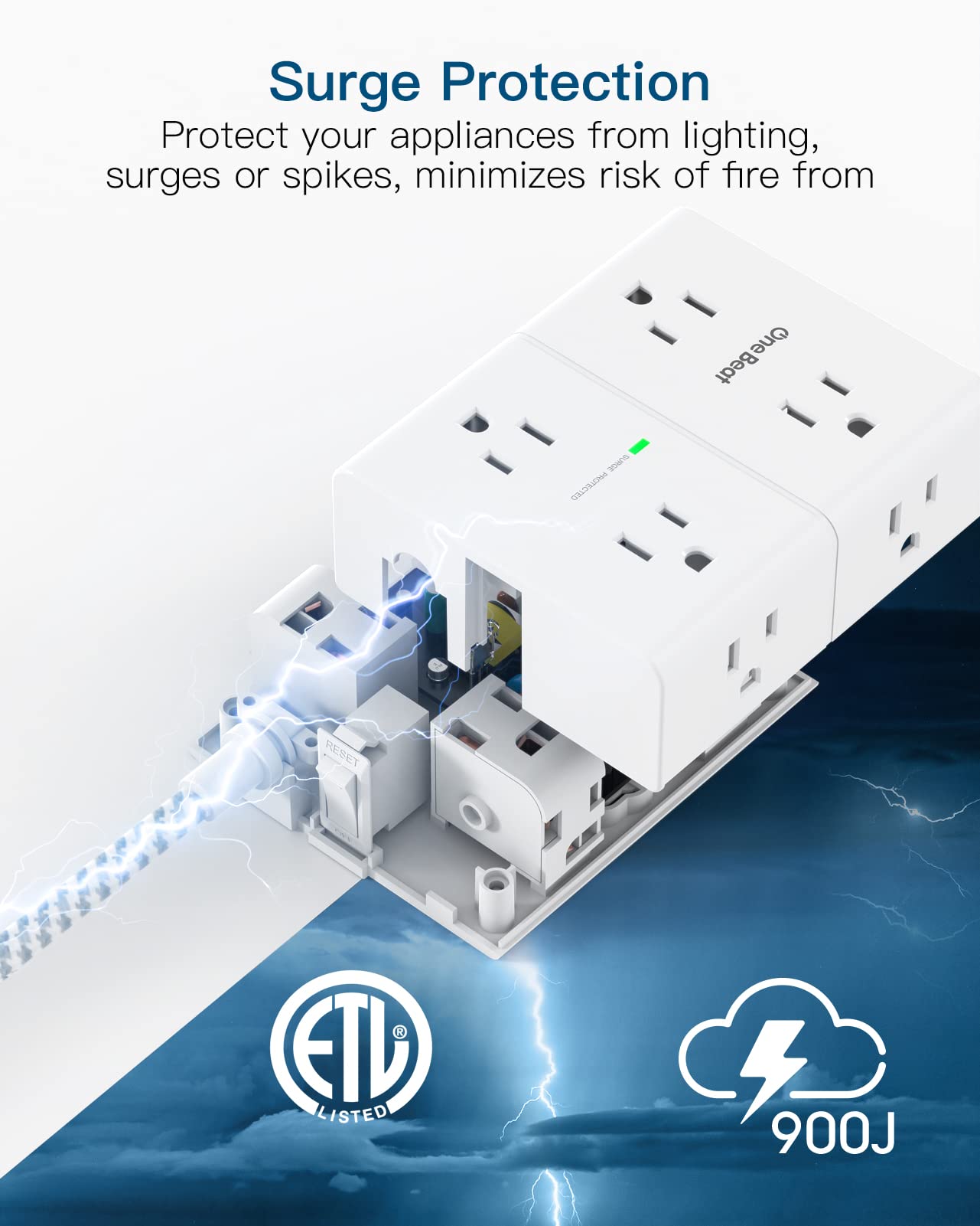 Power Strip Surge Protector with USB, 8 Widely Outlets 4 USB Ports Extension Cord with Flat Plug, 3 Sided Wall Outlets Extender USB Desktop Charging Station for Home Office Travel