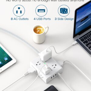 Power Strip Surge Protector with USB, 8 Widely Outlets 4 USB Ports Extension Cord with Flat Plug, 3 Sided Wall Outlets Extender USB Desktop Charging Station for Home Office Travel