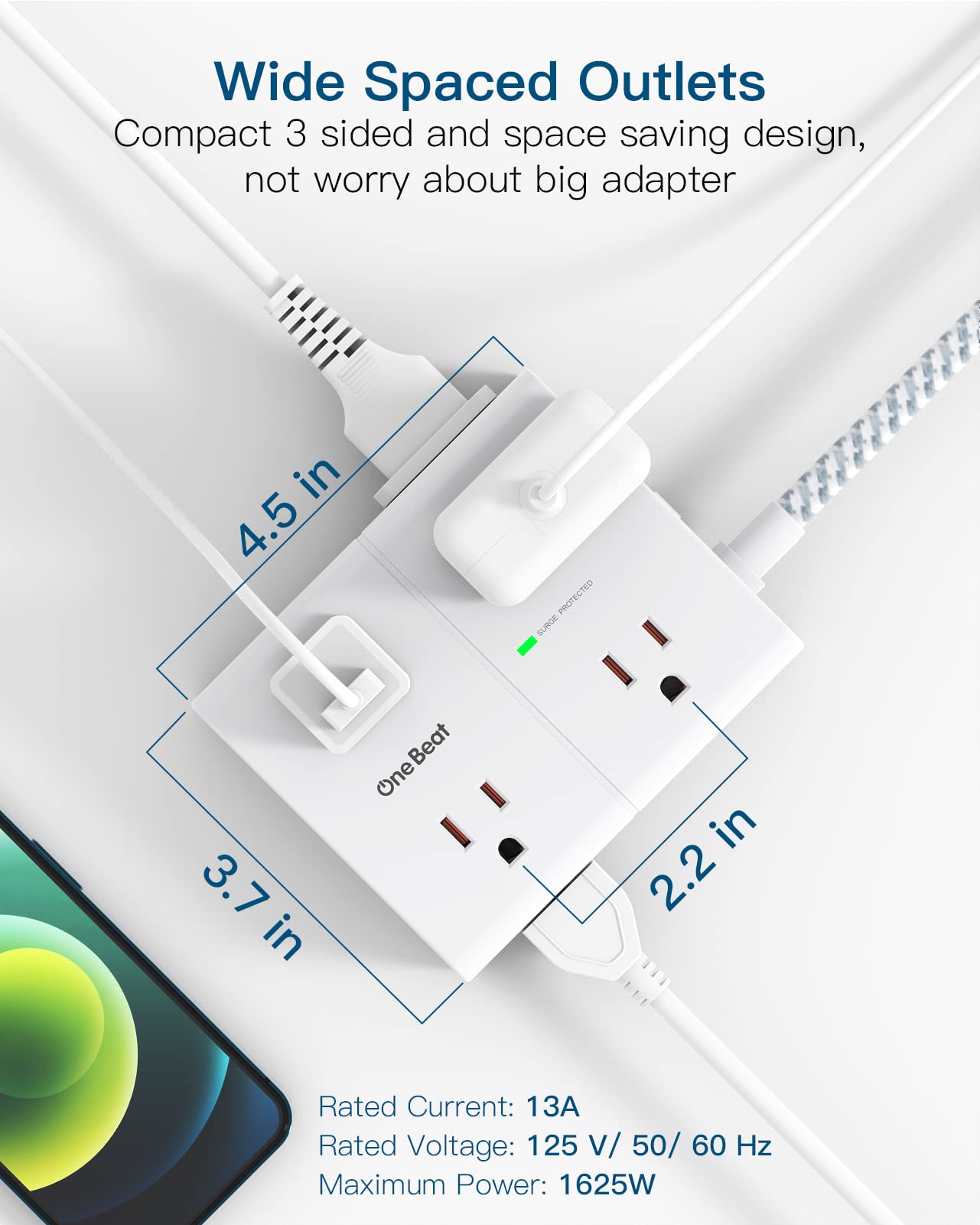 Power Strip Surge Protector with USB, 8 Widely Outlets 4 USB Ports Extension Cord with Flat Plug, 3 Sided Wall Outlets Extender USB Desktop Charging Station for Home Office Travel