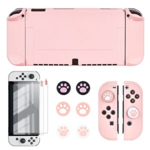 dlseego switch oled protective case dockable hard shell anti-scratch cover joycon accessory skin with 6pcs thumb grips caps and 2pc screen protectors - pink