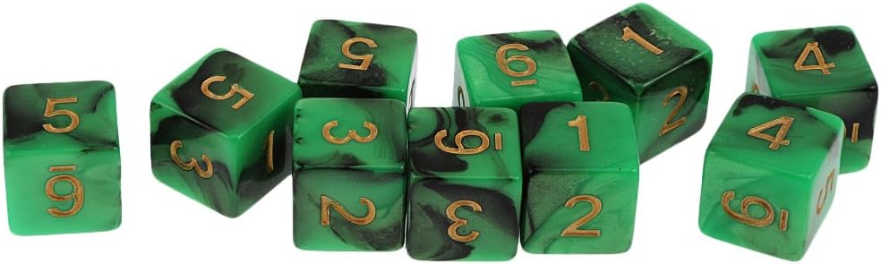 10pcs Six Sided Dual Colored D6 Dices For D&D Casino Poker Dice Guessing Games - Green & Black, 16mm