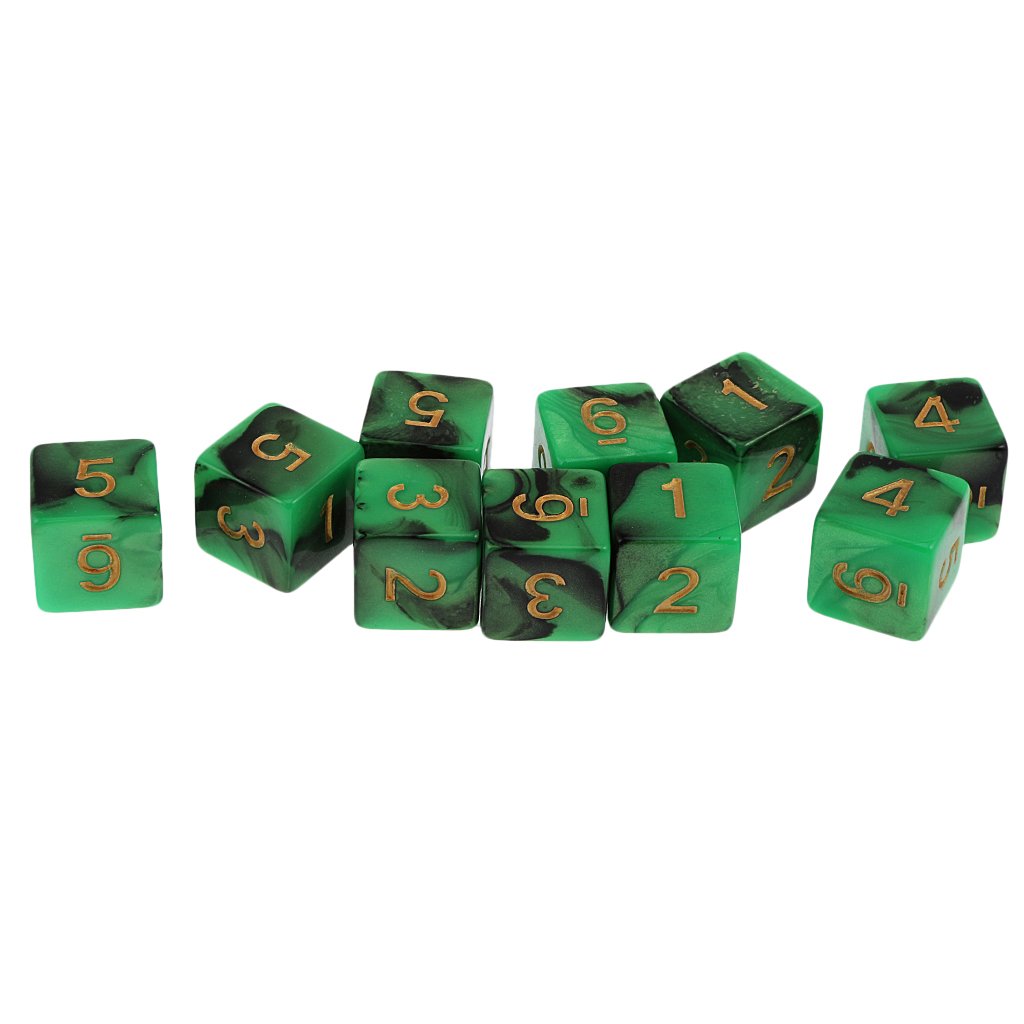 10pcs Six Sided Dual Colored D6 Dices For D&D Casino Poker Dice Guessing Games - Green & Black, 16mm