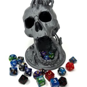 MunnyGrubbers - 6.5" Skull Dice Tower - (Random 7PCS D20 Dice Set Included) - No Paint Odorless Plastic - Tabletop Roleplaying Game - Dice Roller - Dungeons and Dragons - DND - D&D - (Silver)