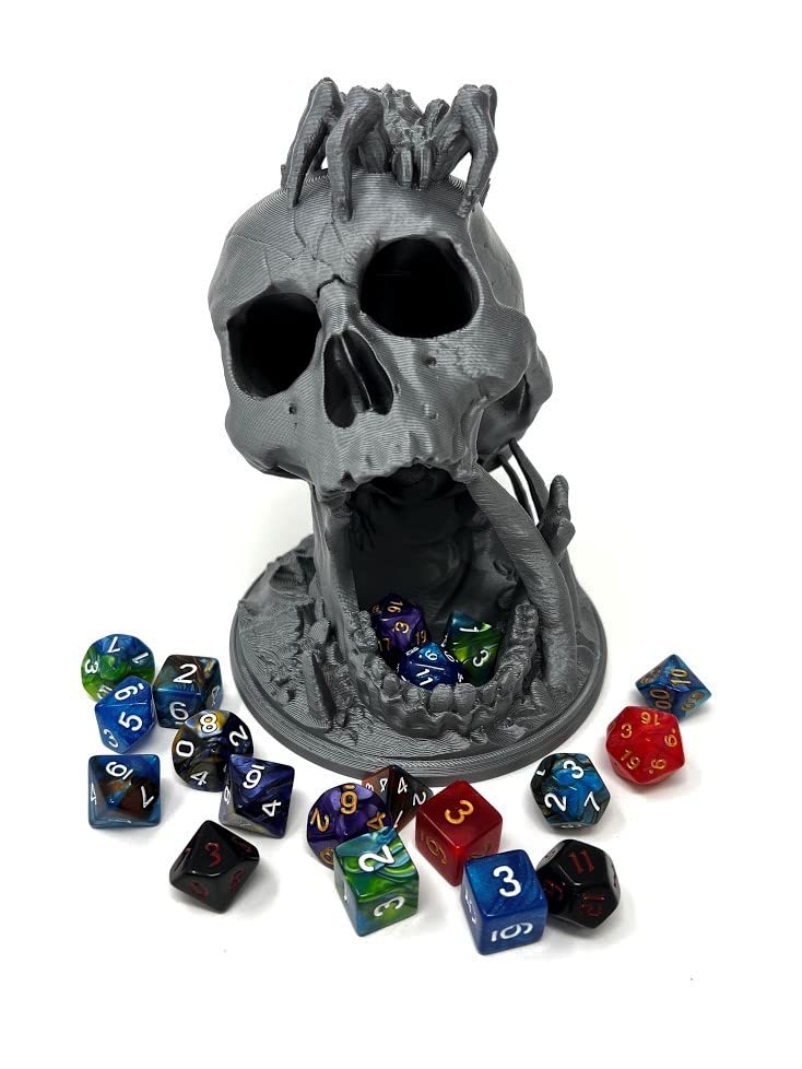 MunnyGrubbers - 6.5" Skull Dice Tower - (Random 7PCS D20 Dice Set Included) - No Paint Odorless Plastic - Tabletop Roleplaying Game - Dice Roller - Dungeons and Dragons - DND - D&D - (Silver)