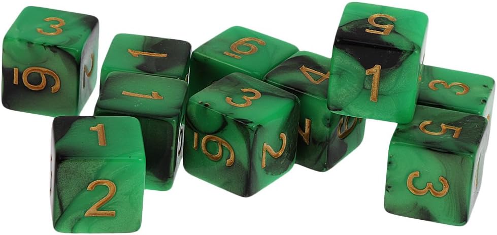 10pcs Six Sided Dual Colored D6 Dices For D&D Casino Poker Dice Guessing Games - Green & Black, 16mm