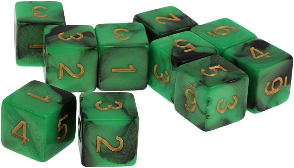 10pcs Six Sided Dual Colored D6 Dices For D&D Casino Poker Dice Guessing Games - Green & Black, 16mm